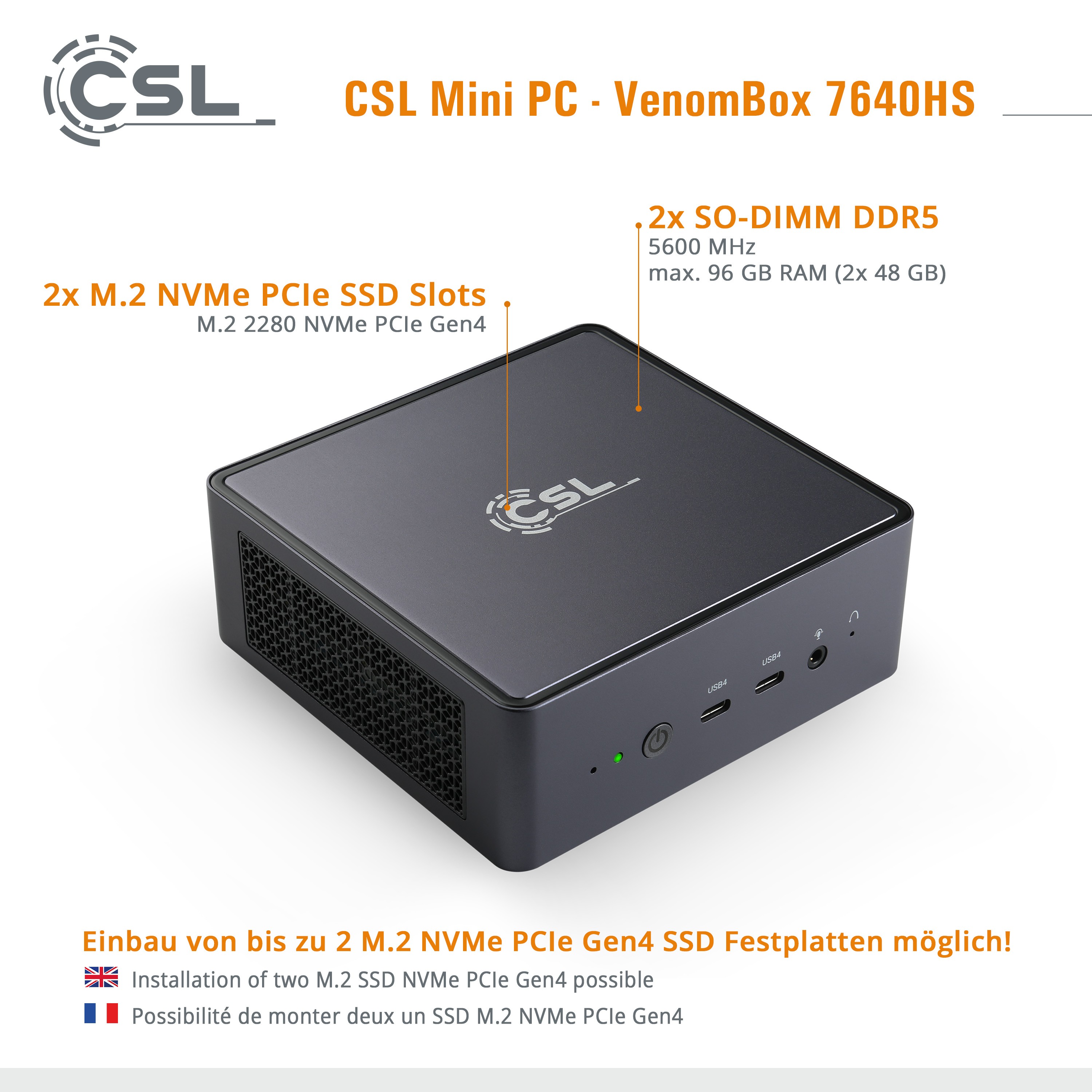 Mini PC - CSL VenomBox 7640HS / Windows 11 Pro / 96GB / 2000 GB M.2 SSD | CSL Computer