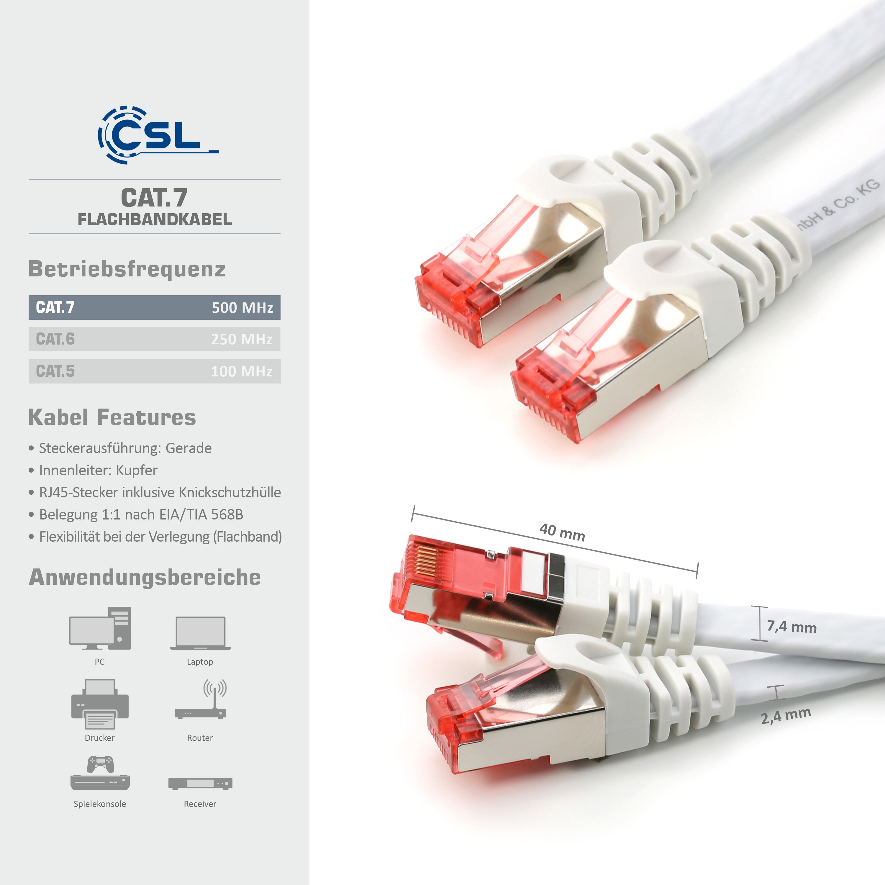 0,25m Flachband Patchkabel Cat7, weiß/rot | CSL Computer